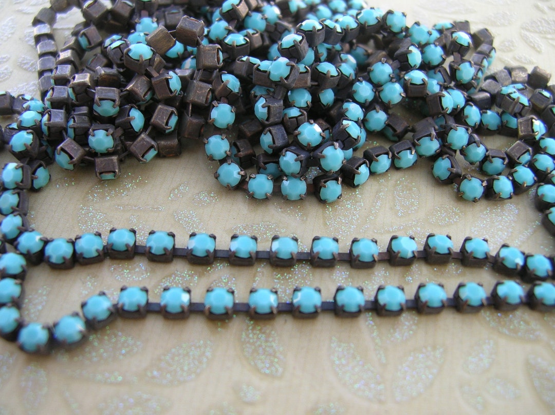 Rustic Brass Crystal Cup Chain, Turquoise Blue Czech Stone (2mm) - Etsy