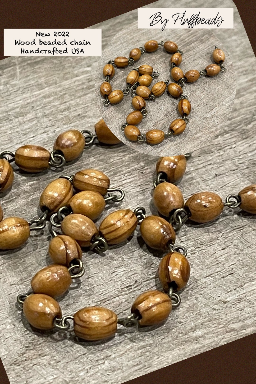 Chain Earthy Summer Beach Wooden Beaded Chain 8x6mm Antique Brass Wire ...