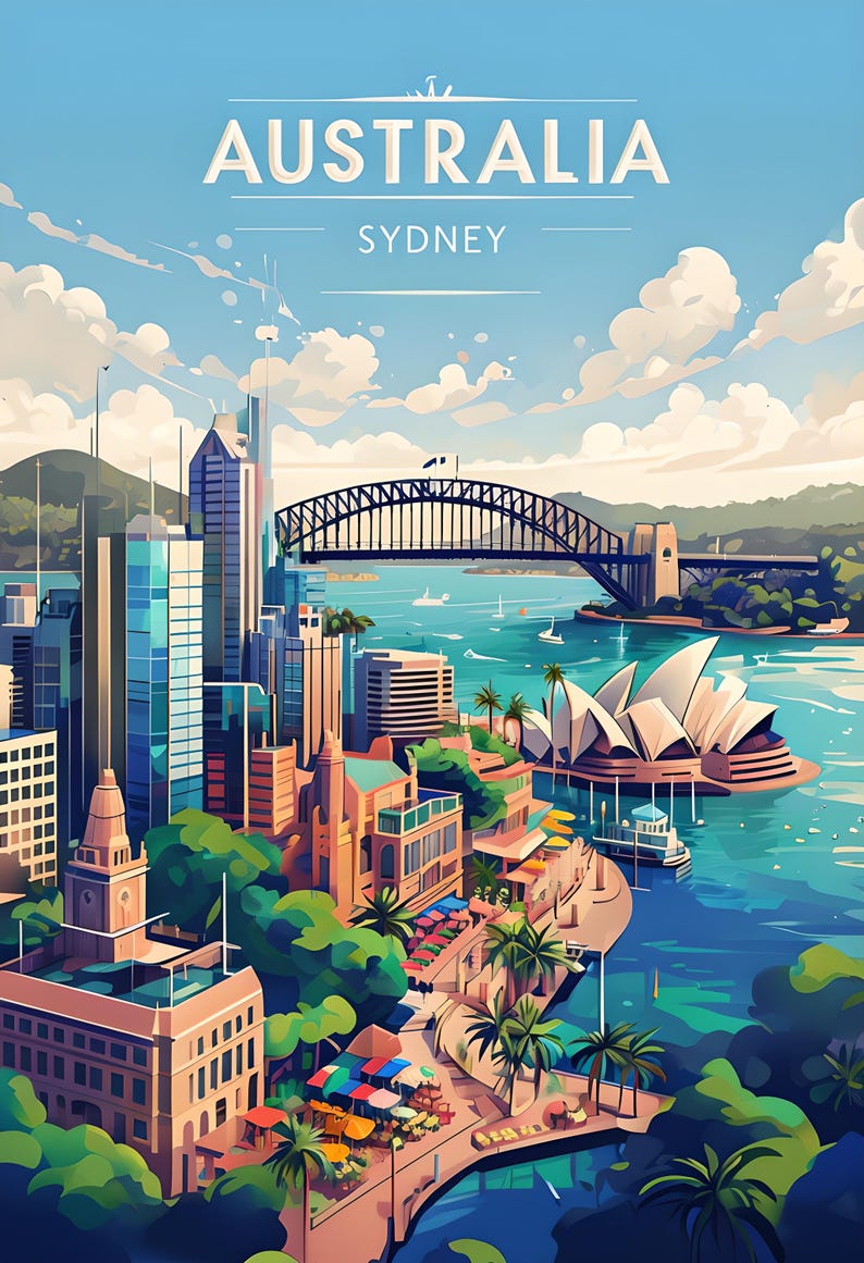 Sydney Australia Travel Poster Modern Cityscape Wall Art Opera House ...