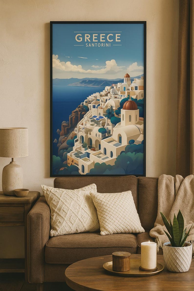 Santorini Greece Travel Poster Coastal Greek Island Wall Art Minimal ...