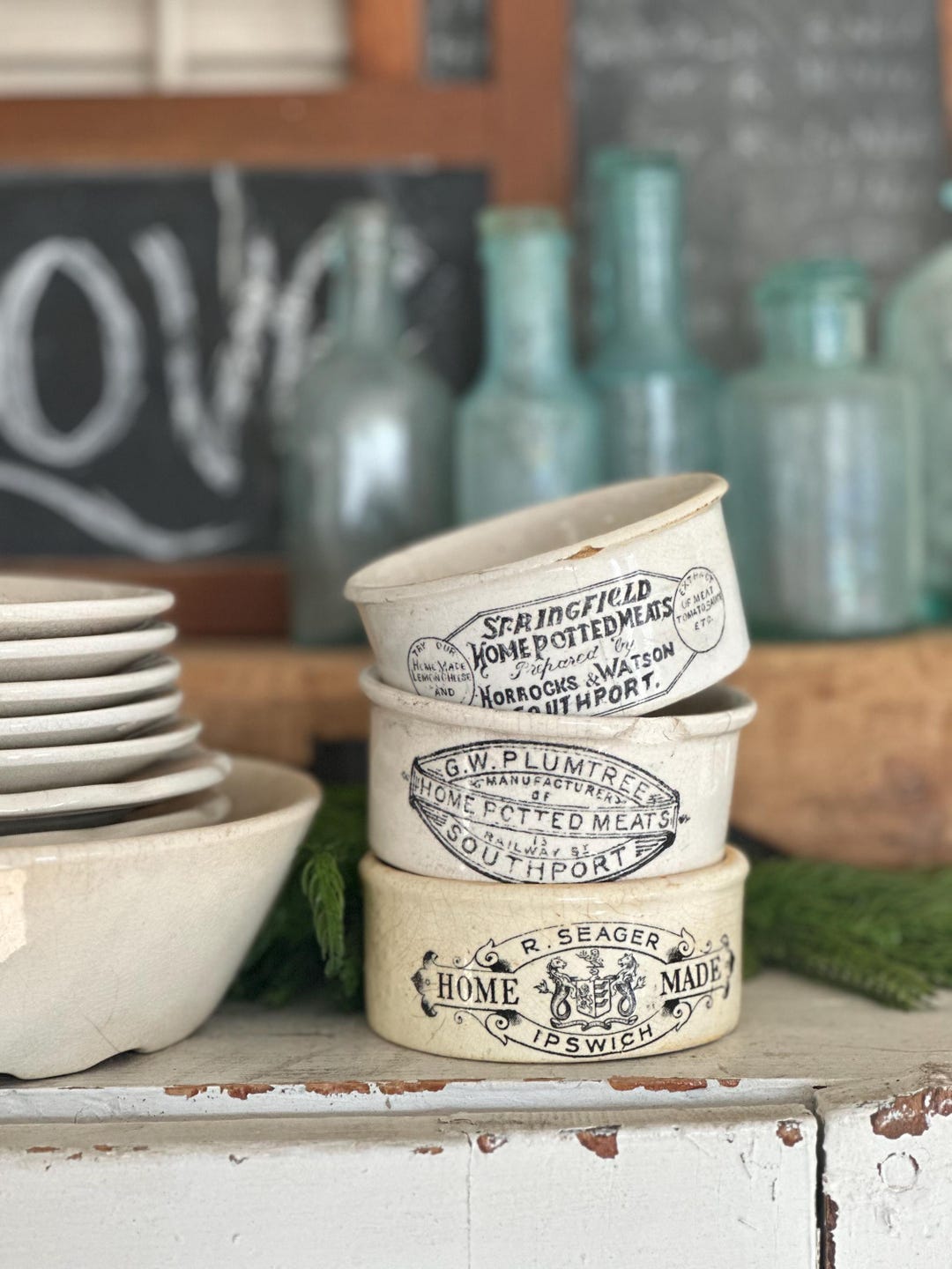 Antique English Advertising Meats Pots, Set of Three R. Seager ...