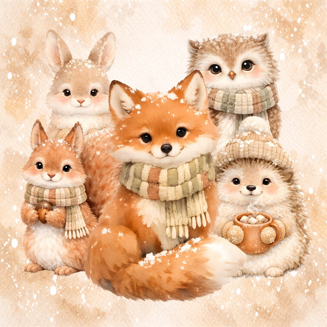 Cozy Winter Woodland Critters Clipart PNG – Watercolor Fox Bunny ...