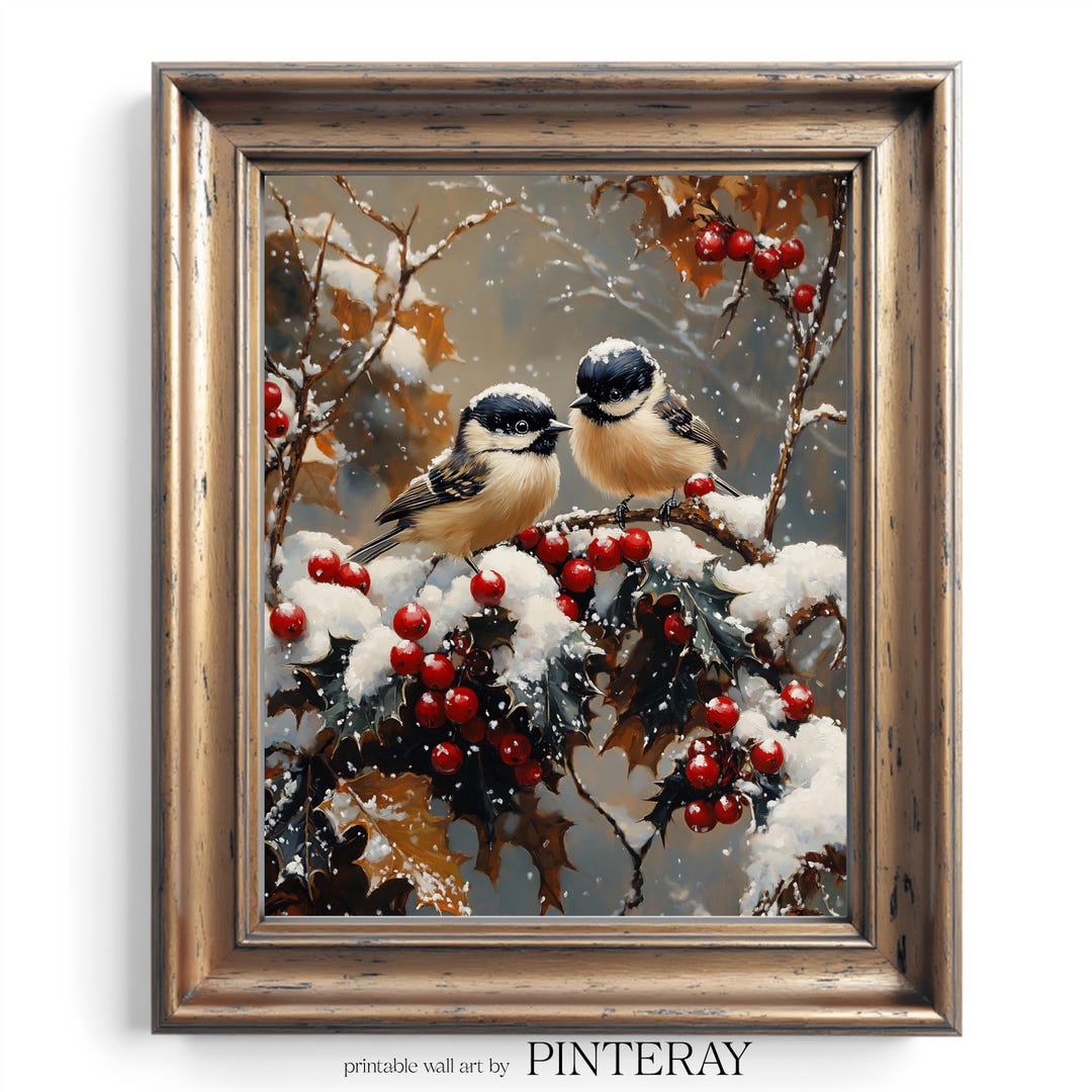Baby Chickadees on Snowy Holly Bush Wall Art | Winter Bird Print ...