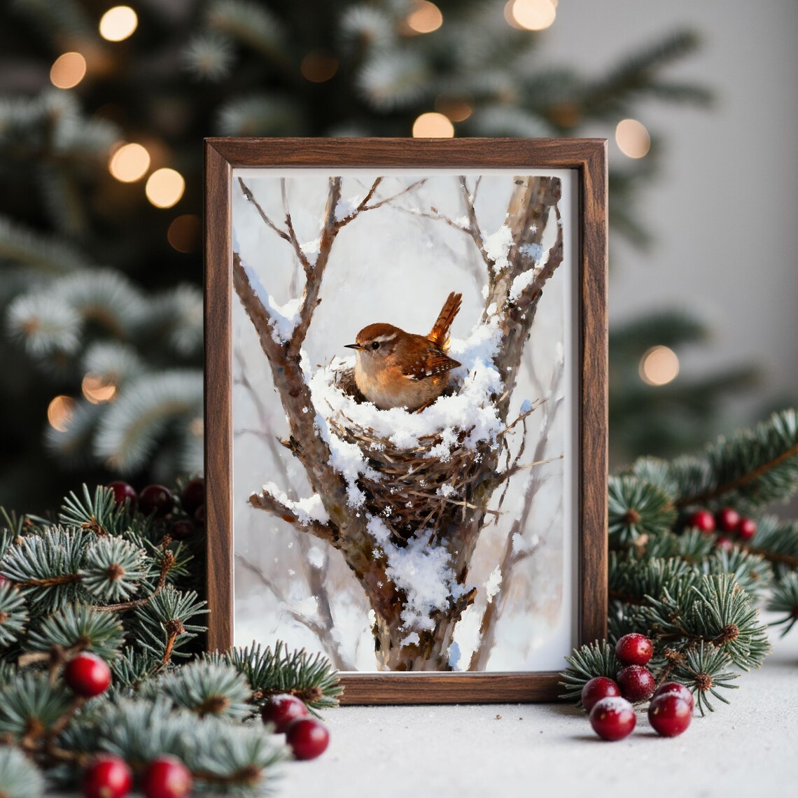 Cozy Winter Wren on Branch,rustic Christmas Printable Painting, Vintage ...