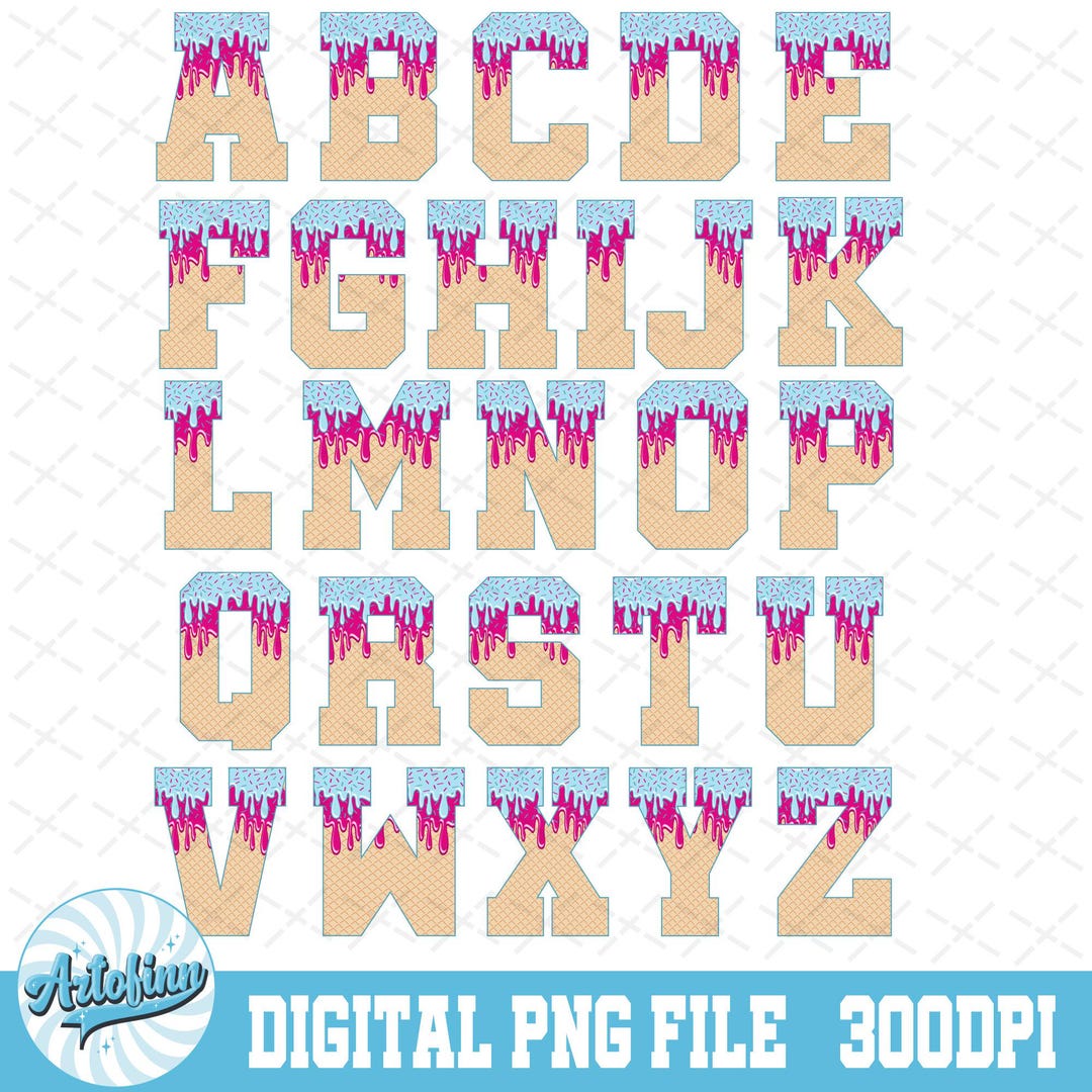 Sprinkle Drip Alphabet PNG: Pink & Blue Ice Cream Font (digital ...