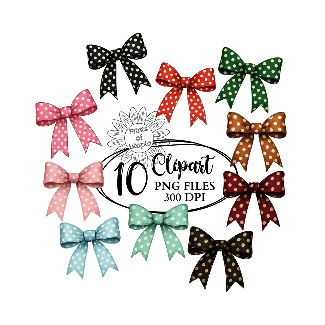 Polka Dot Bow Clipart Bundle, 10 PNG Decorative Bows With Polka Dots ...