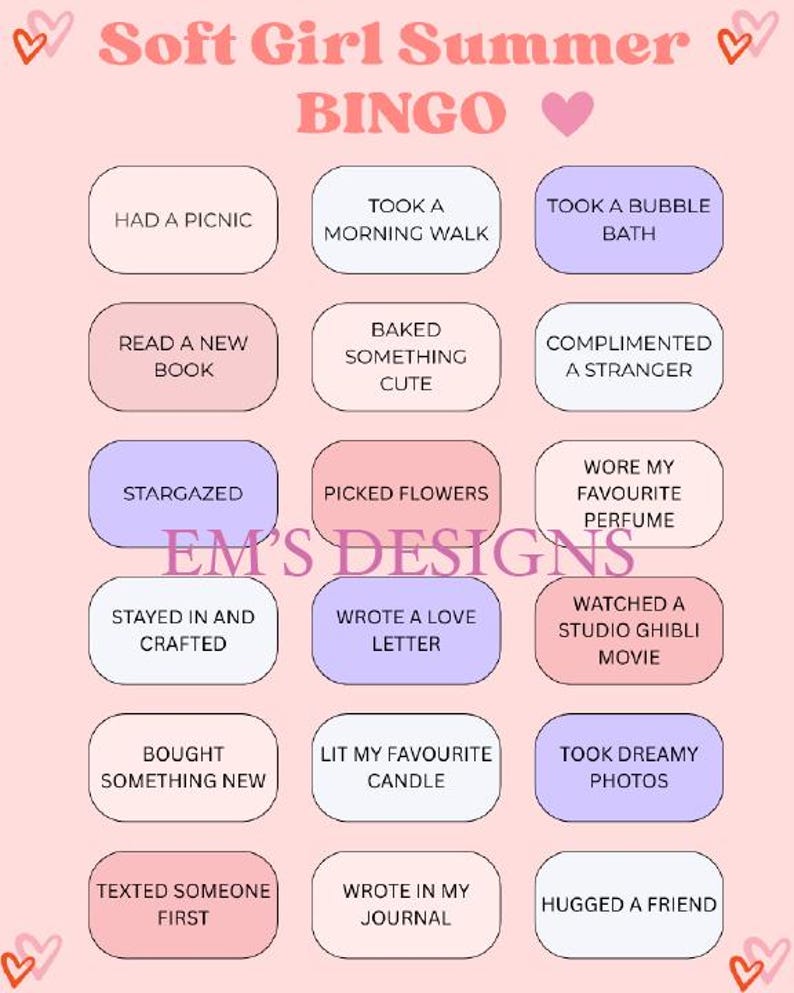 Soft Girl Summer Bingo – Aesthetic Printable | Cozy Self-care Digital ...