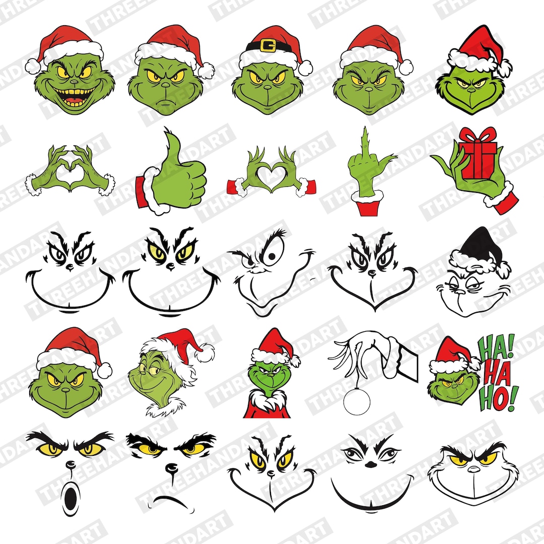 Paquete de 25 imágenes SVG navideñas del Grinch: Caras del Grinch ...