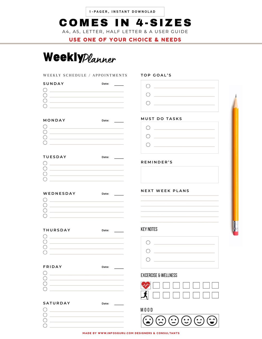 Weekly Planner Printable, Printable Weekly Planner, A4 Weekly Planner ...