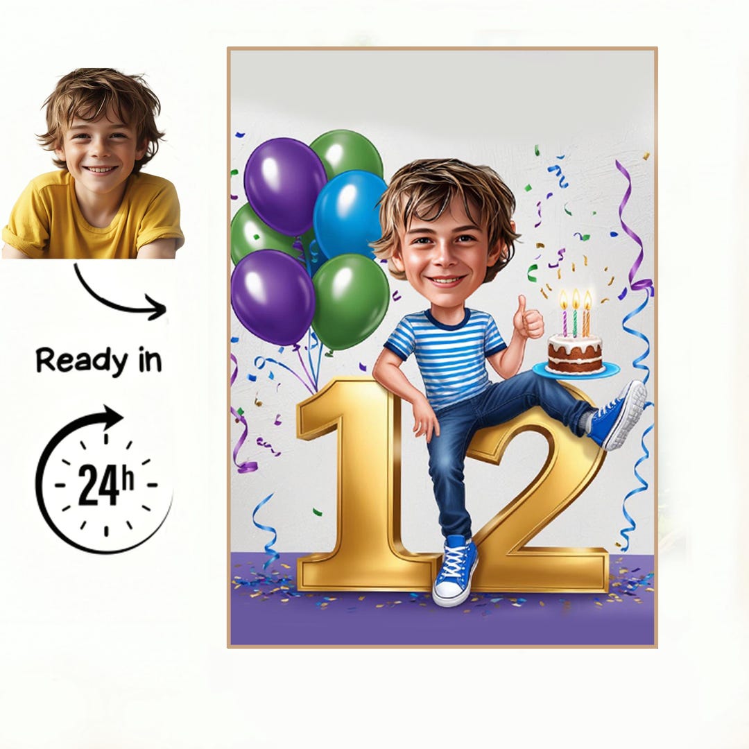 12th Birthday Boy Caricature – Custom Cartoon Portrait Gift for Tween ...