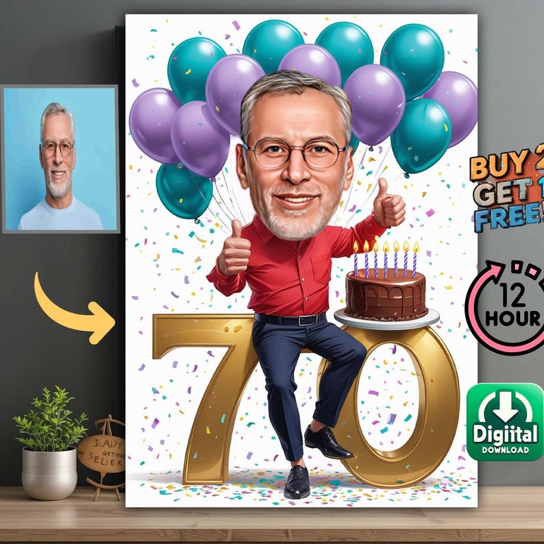 70th Birthday Digital Caricature for Man – Custom Funny Gift Idea ...
