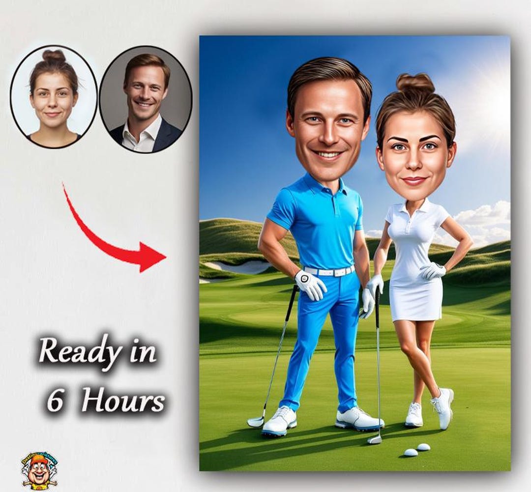 Golf Couple Caricature – Custom Cartoon Portrait of Couple on Golf ...