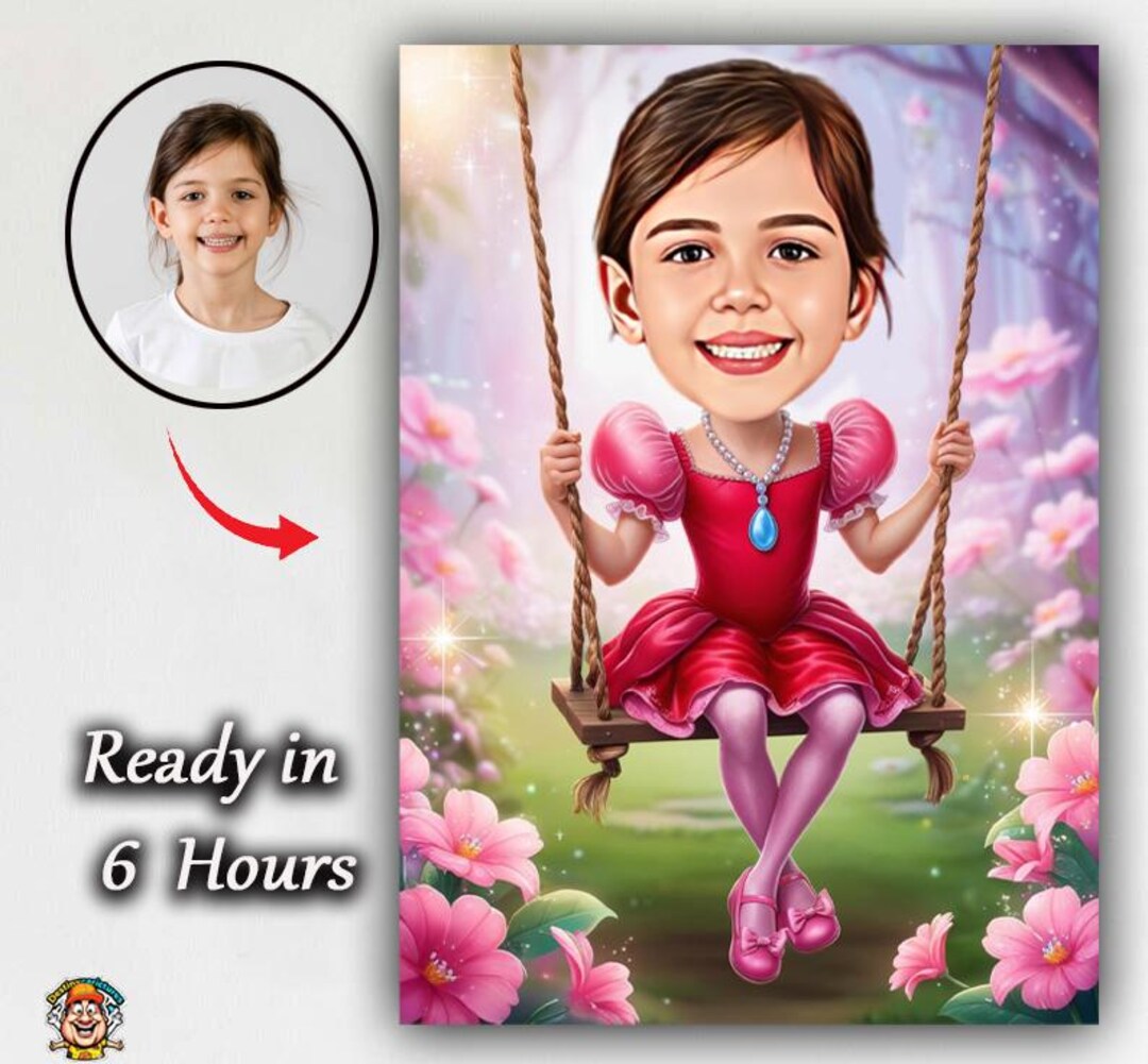 Custom Kid Girl Princess Caricature – Cartoon Portrait in Pink Dress on ...