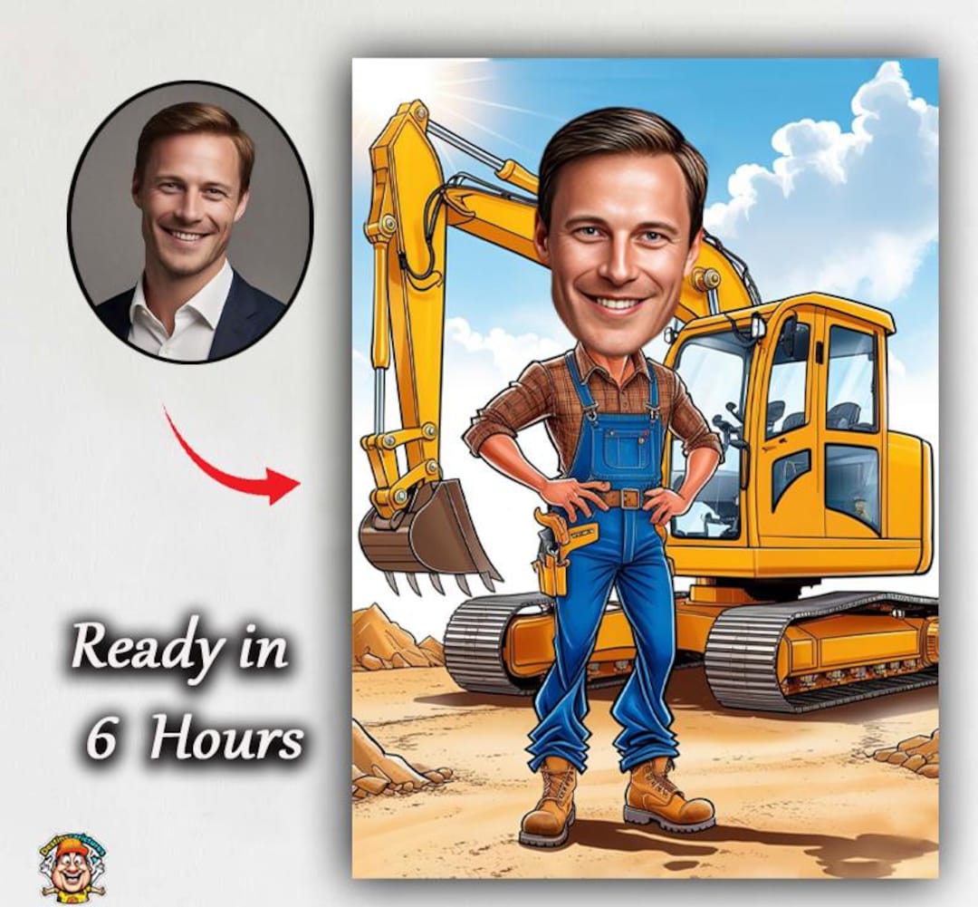 Custom Excavator Operator Caricature – Cartoon Man in Construction Gear ...