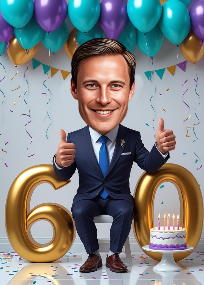 Custom 60th Birthday Caricature for Him, Personalized Digital Portrait ...