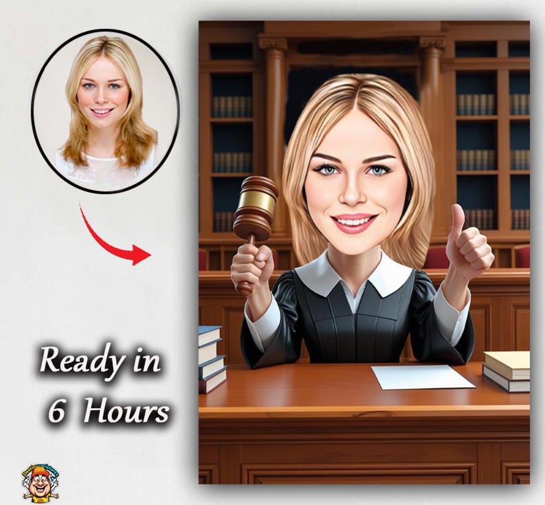 Female Judge Cartoon Portrait | Legal Themed Caricature With Gavel ...