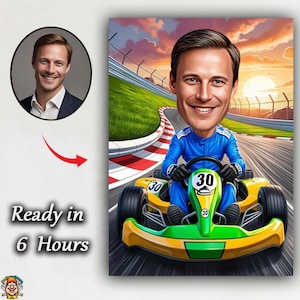 Funny Racing Caricature – Go-kart Driver Portrait in Colorful Suit on ...