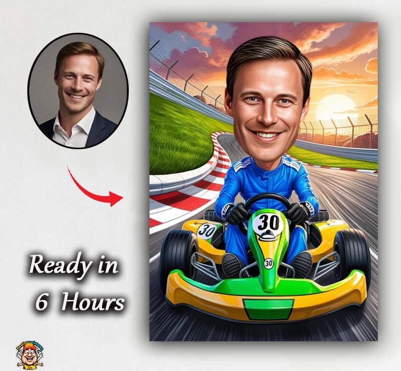 Funny Racing Caricature – Go-kart Driver Portrait in Colorful Suit on ...