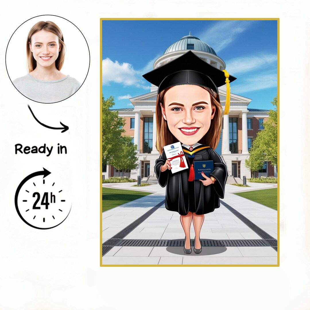 Female Graduation Caricature – Custom Cartoon of Girl Graduate in Cap ...