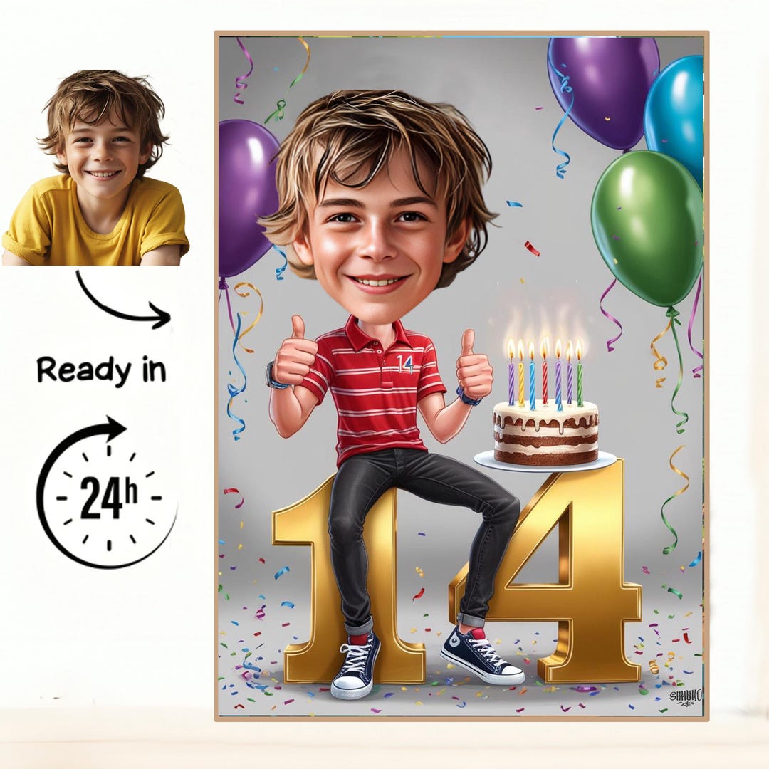 14th Birthday Boy Caricature - Custom Cartoon Portrait (digital ...