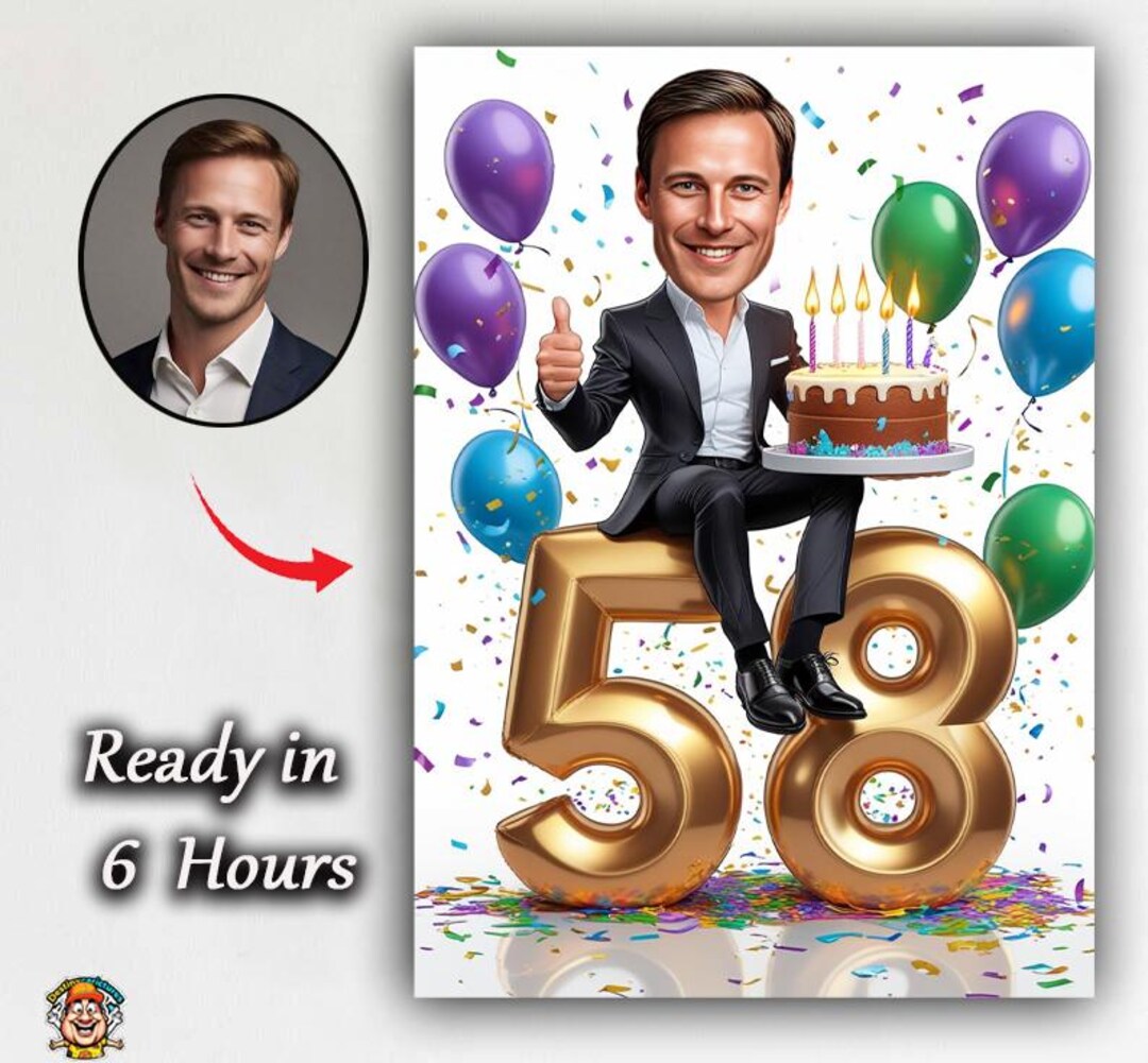 Personalized 58th Birthday Caricature for Him | Custom Cartoon Portrait ...