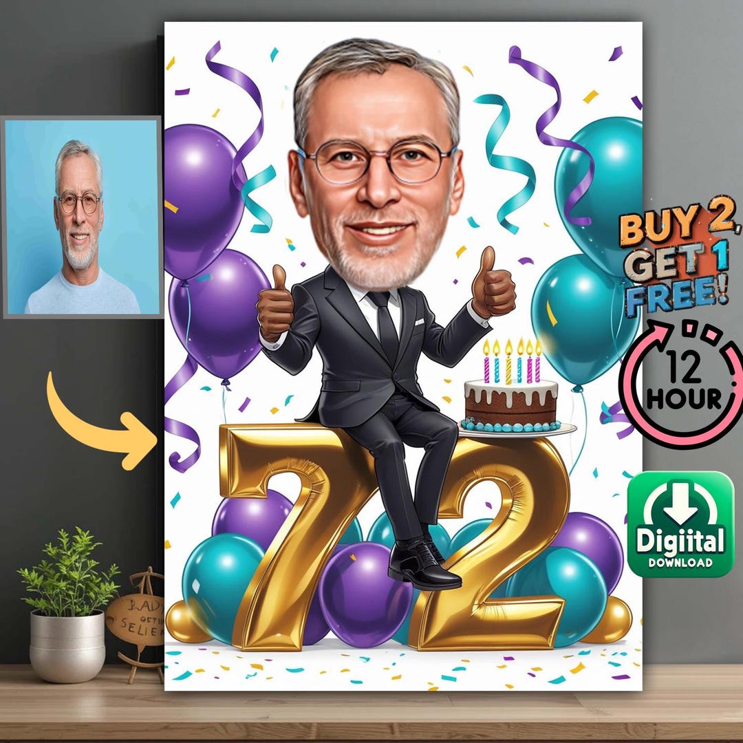 Custom 72-year-old Man Caricature – Funny Birthday Gift for Him ...