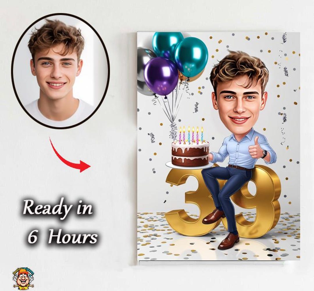 39th Birthday Boy Caricature – Custom Cartoon Portrait for Him With ...