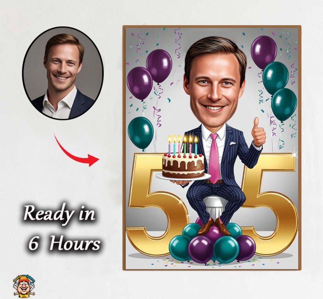 Funny 55th Birthday Caricature for Him – Custom Cartoon Portrait Gift ...