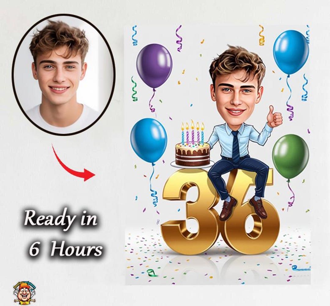 36th Birthday Boy Caricature – Custom Cartoon Portrait for Him With ...