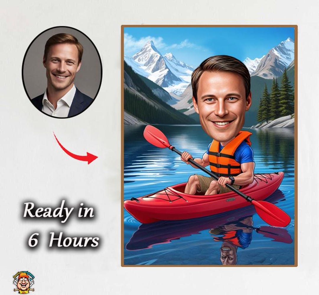 Kayak Adventure Caricature – Custom Cartoon Portrait on a Mountain Lake ...