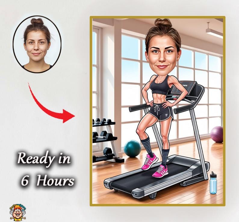 Fitness Girl Caricature – Custom Cartoon Portrait on Treadmill in Gym ...