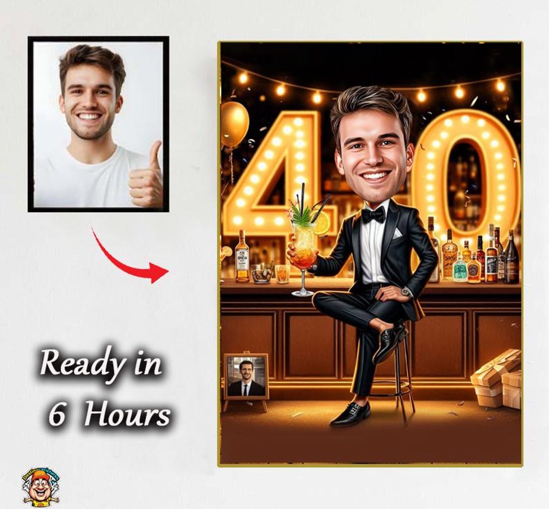 Custom 40th Birthday Caricature Drawing for Him – Personalized Digital ...