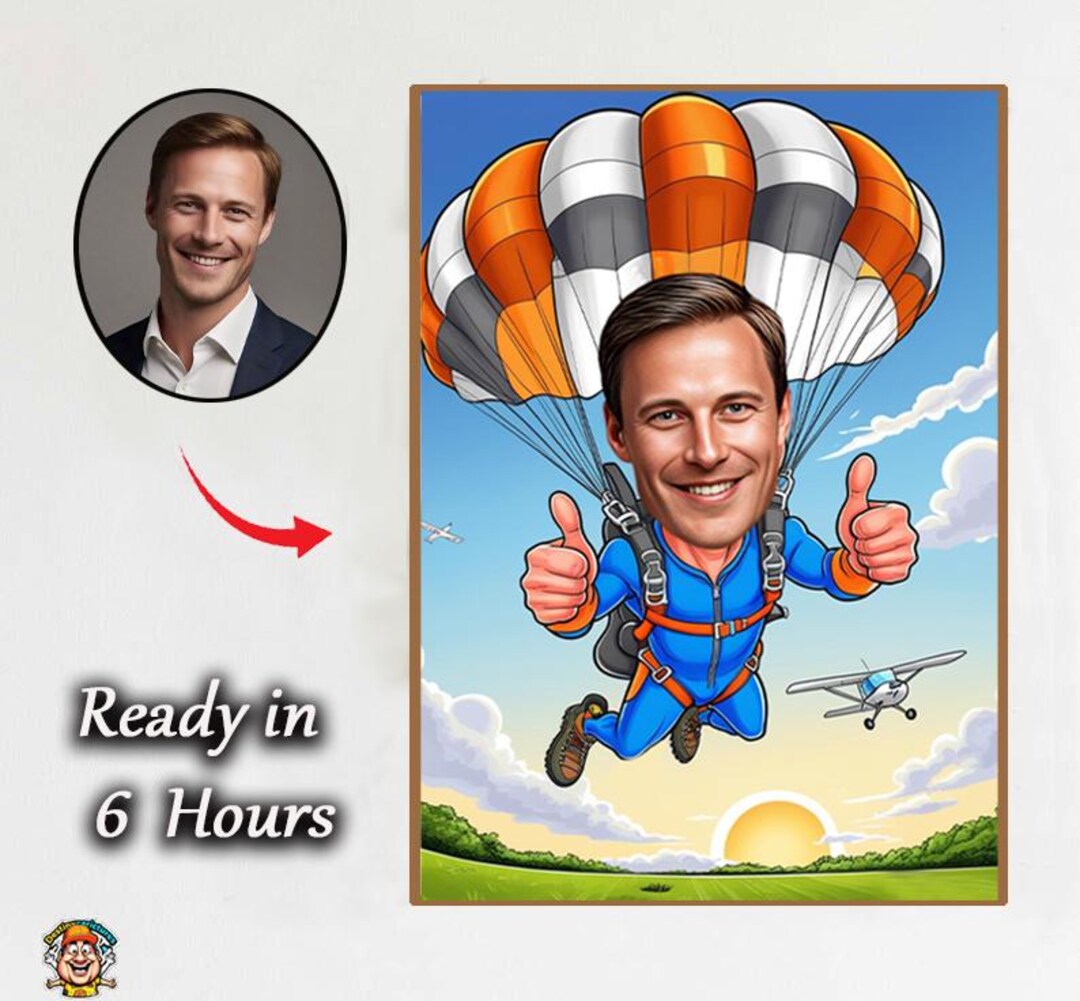 Skydiving Caricature – Custom Cartoon Portrait With Parachute and ...