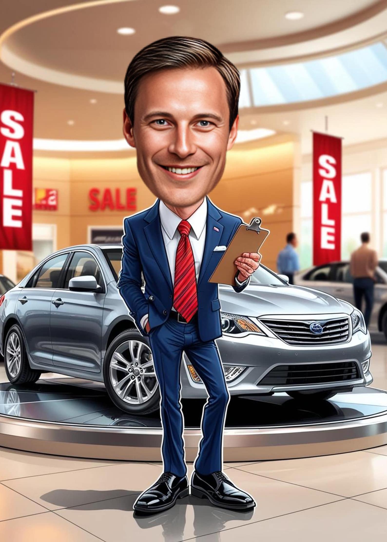 Car Salesman Caricature – Custom Cartoon Portrait in Dealership ...