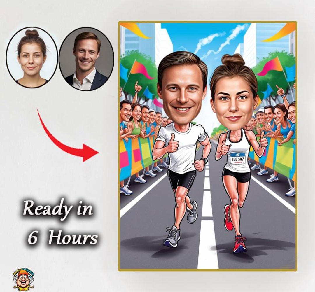 Running Couple Caricature – Custom Cartoon Portrait of Him & Her ...