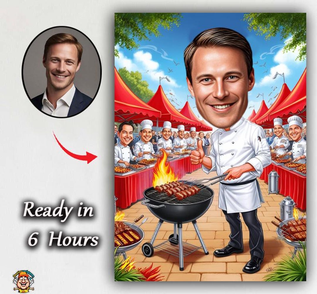 Custom BBQ Chef Caricature – Personalized Grill Master Portrait – Funny ...
