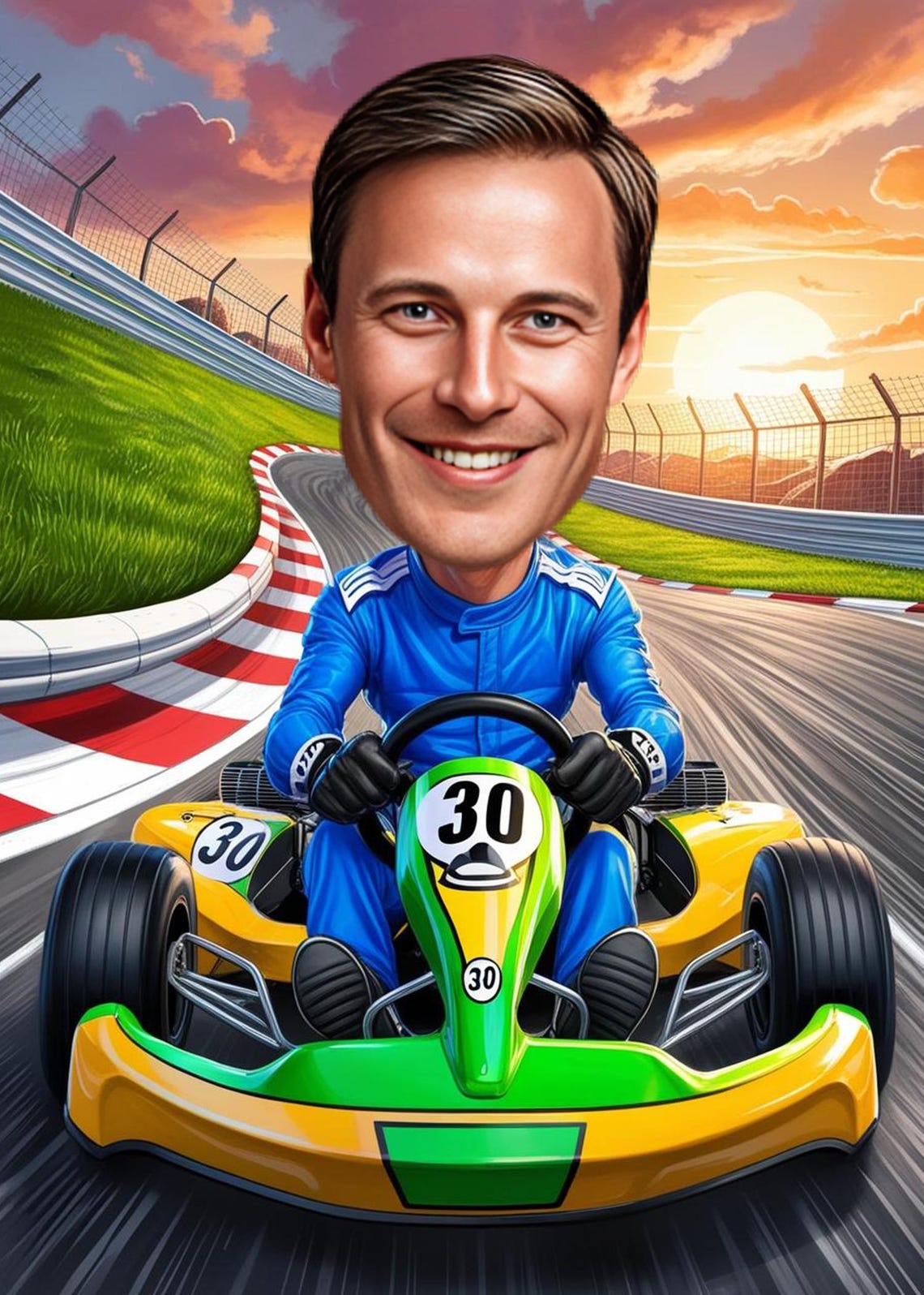 Funny Racing Caricature – Go-kart Driver Portrait in Colorful Suit on ...