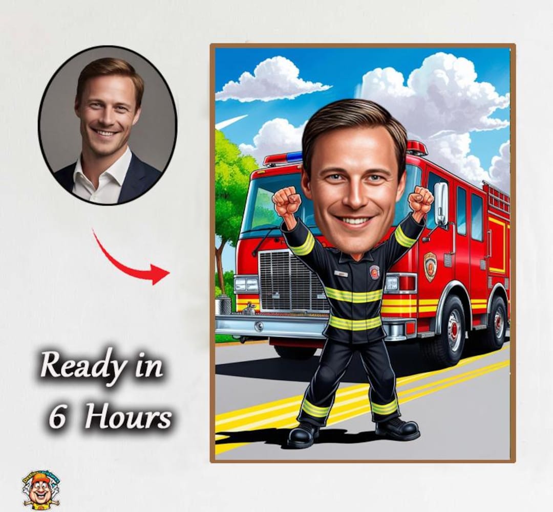 Firefighter Caricature – Custom Cartoon Portrait in Uniform With Fire ...