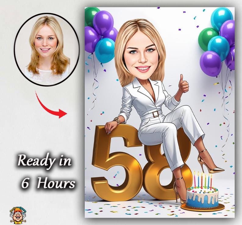 58th Birthday Girl Caricature Portrait | Custom Digital Drawing | Funny ...