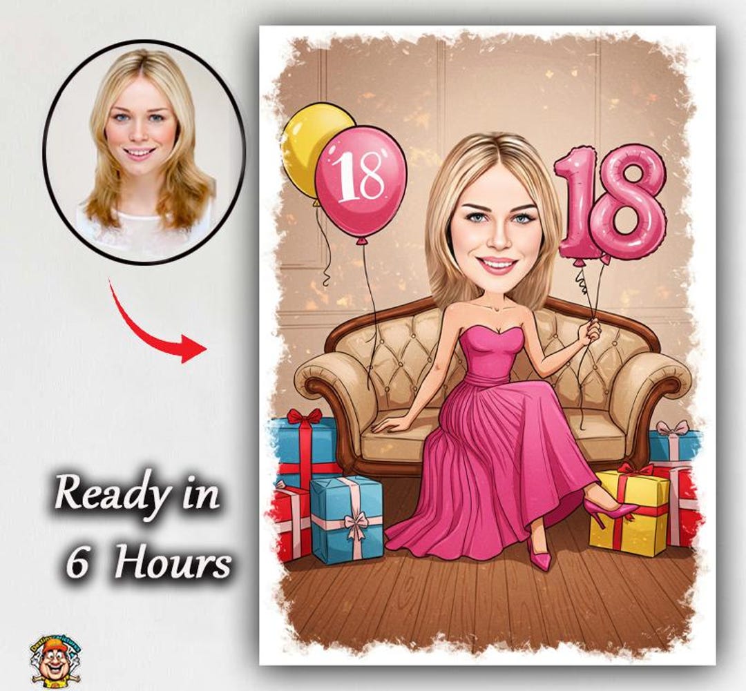 Custom 18th Birthday Cartoon Portrait – Personalized Digital Caricature ...