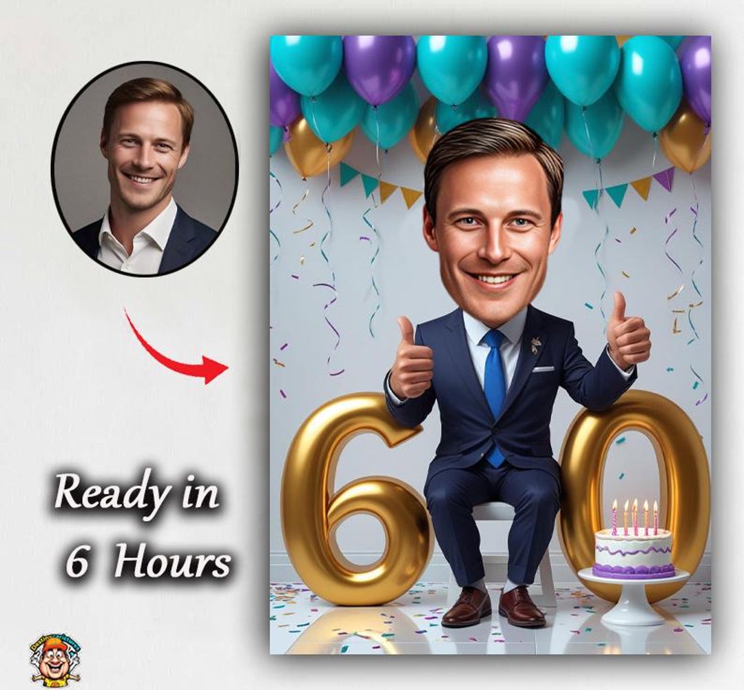 Custom 60th Birthday Caricature for Him, Personalized Digital Portrait ...