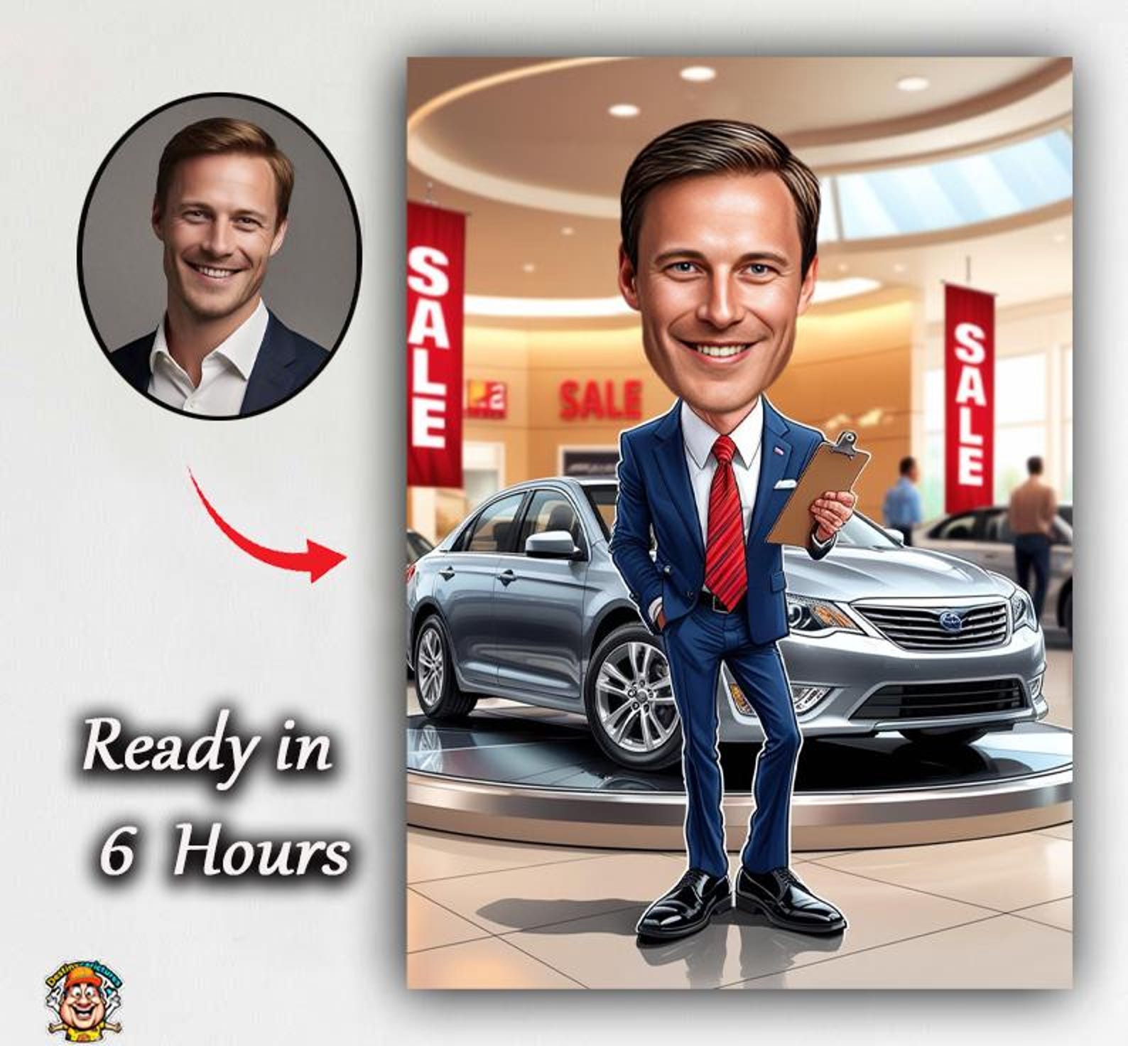 Car Salesman Caricature – Custom Cartoon Portrait in Dealership ...
