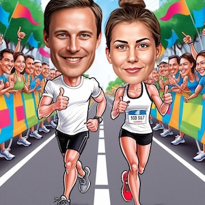 Running Couple Caricature – Custom Cartoon Portrait of Him & Her ...