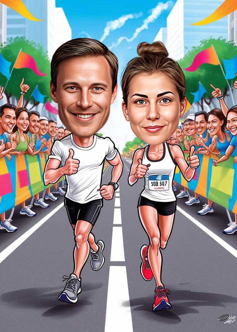 Running Couple Caricature – Custom Cartoon Portrait of Him & Her ...