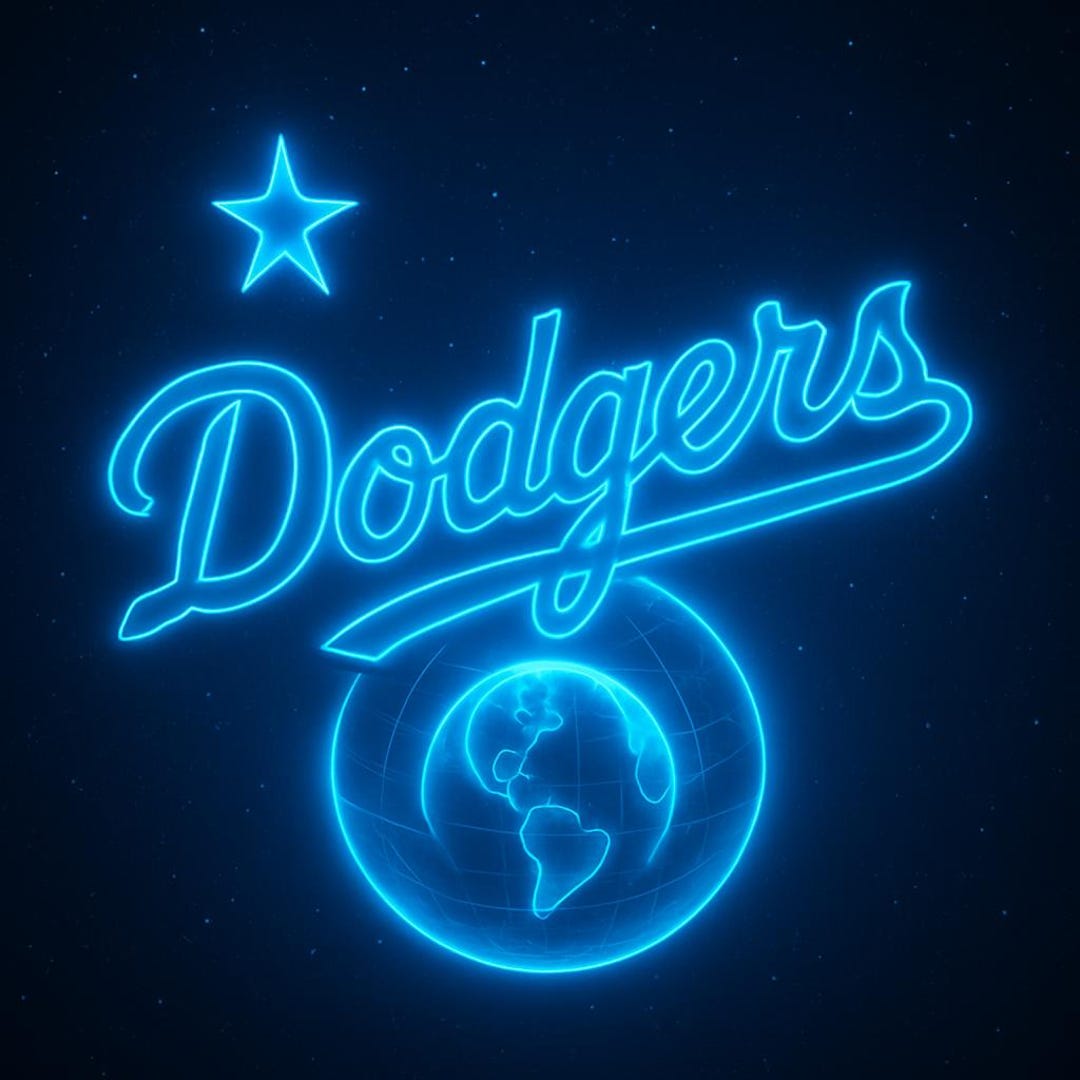 AI Digital Art: Neon Dodgers Earth Logo | Sci-fi LA Baseball Wall Print ...
