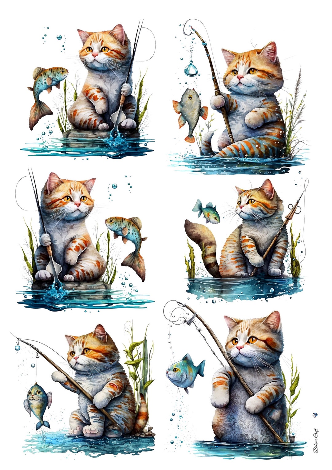 Rice Paper for Decoupage, Cats Fishing, Scrapbooking, Journals, Various ...