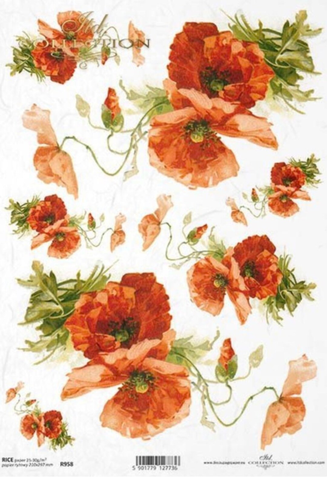 Vintage Red Poppy Rice Paper for Decoupage, Red Poppies, Decorative ...
