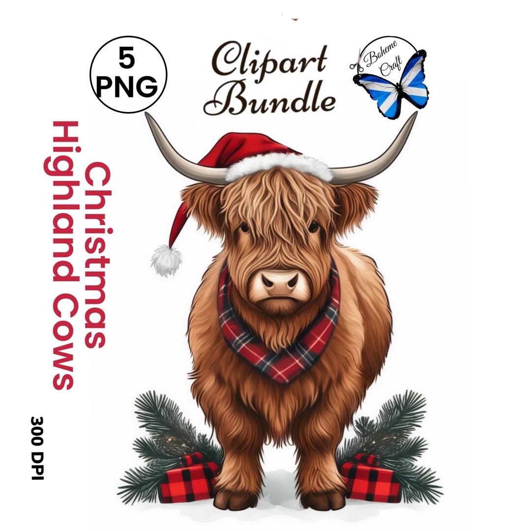 Christmas Highland Cow Printable PNG Clip Art Images for Decoupage ...