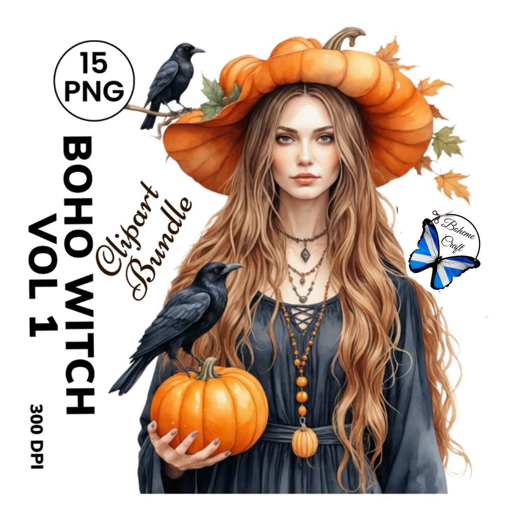 Boho Witch Clipart: Halloween PNG Images for Decoupage (digital ...