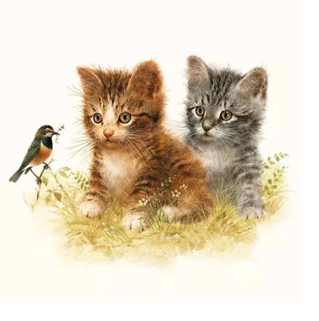 4 Decoupage Paper Napkins Kittens With Bird Decorative Paper - Etsy